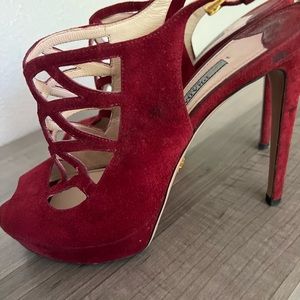 Prada | Shoes | Prada Burgundy Red Suede Caged Sling Back Platform Peep ...